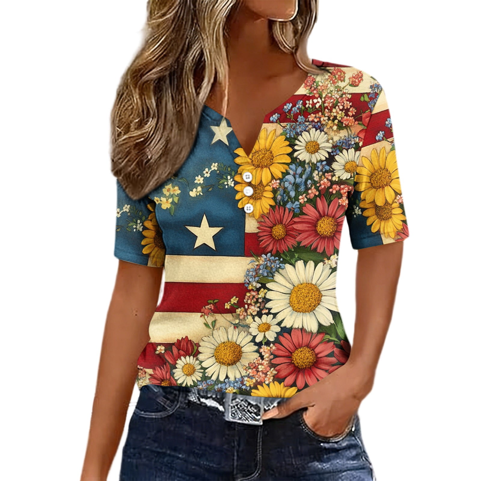 Daiosportswear Women's Patriotic Graphic Short Sleeve V-Neck Casual Top ...