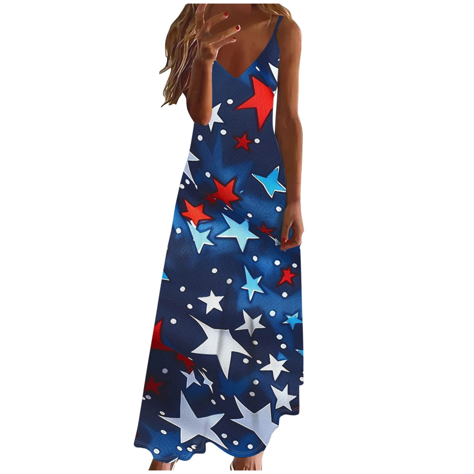 Daiosportswear Women's Red White Blue Star Print V-Neck Flowy ...