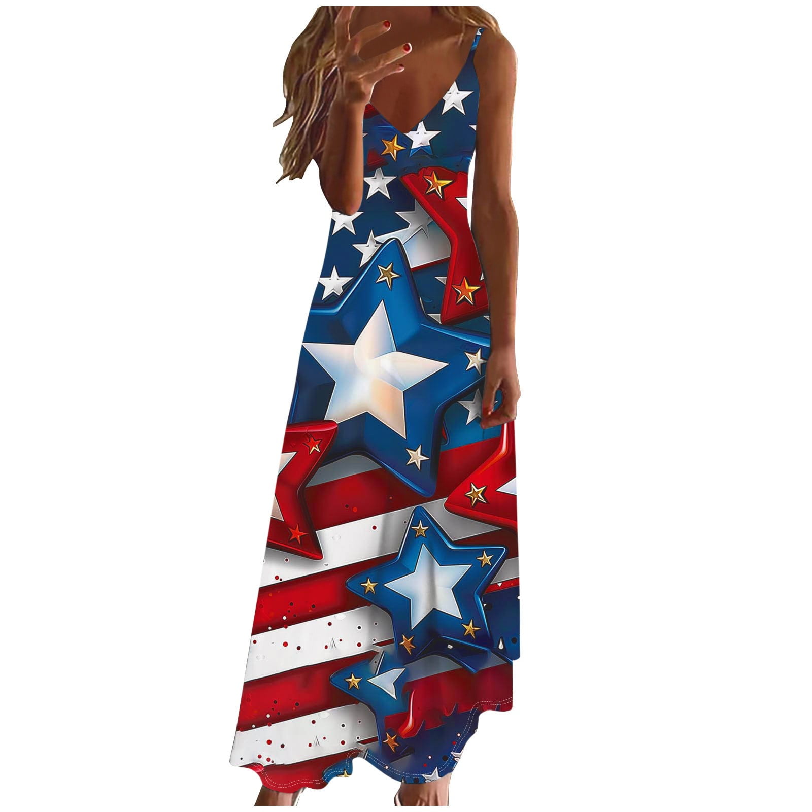 Daiosportswear Women's Red White Blue Star Print V-Neck Flowy ...