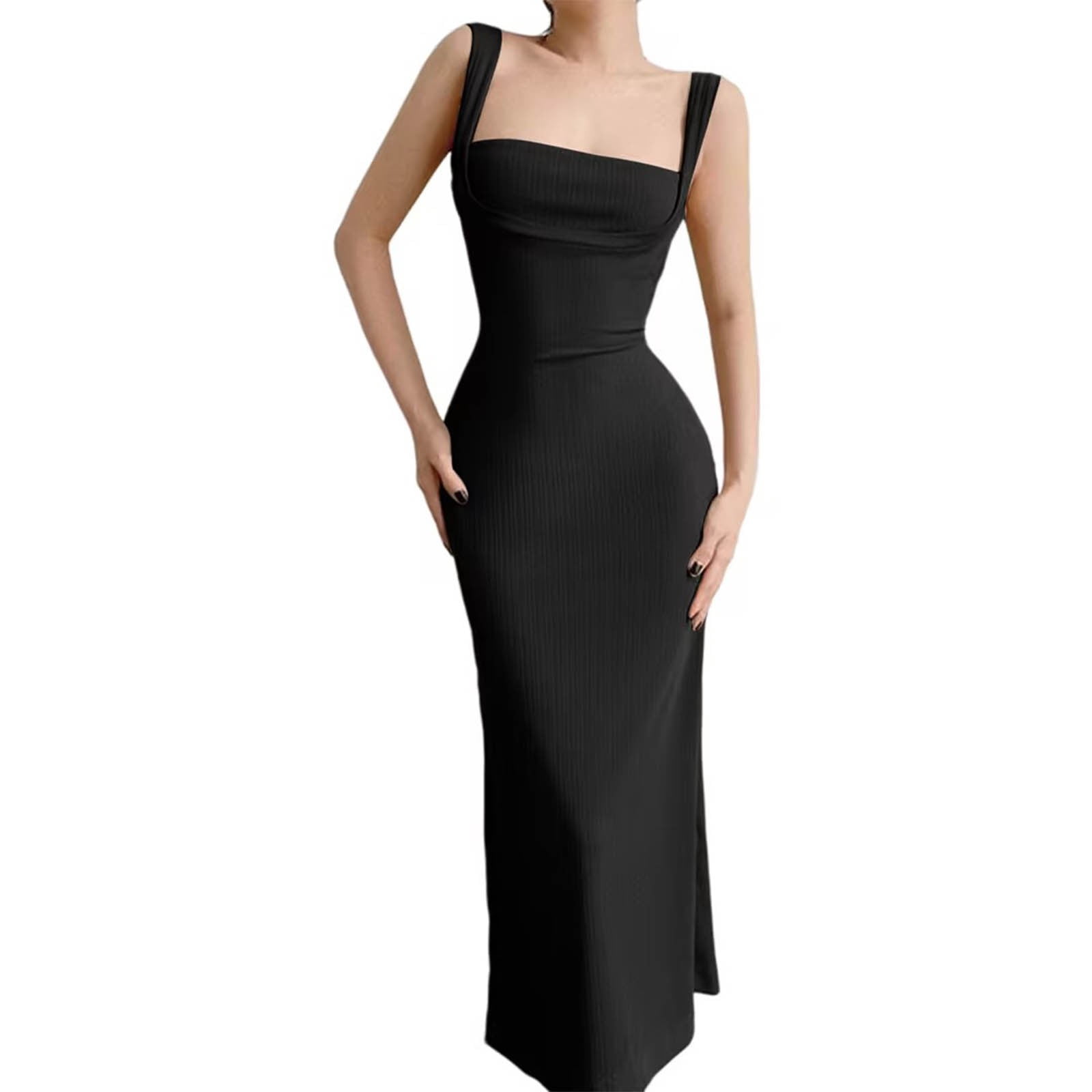 Daiosportswear Women's Ribbed Square Neck Sleeveless Bodycon Maxi Dres ...