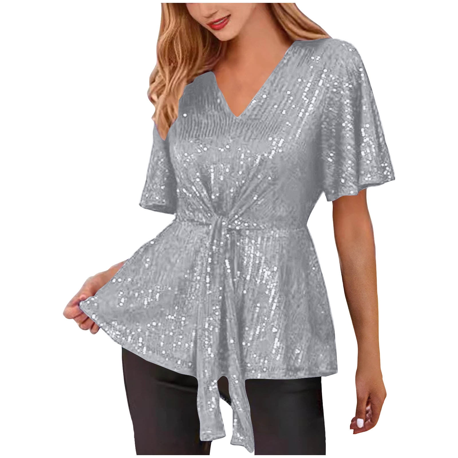Daiosportswear Women’s Sequin Tops Glitter V Neck Loose Summer Shirt ...