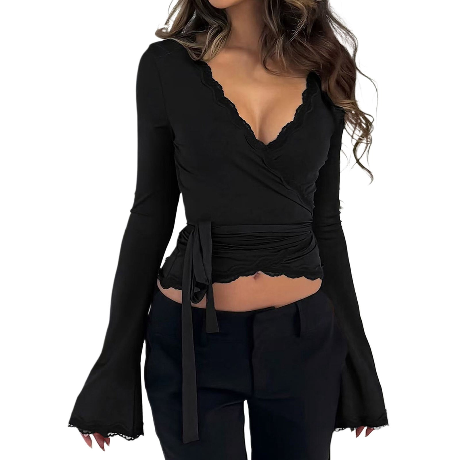 Daiosportswear Women's Summer Deep V Lace Trim Long Bell Sleeve Wrap ...