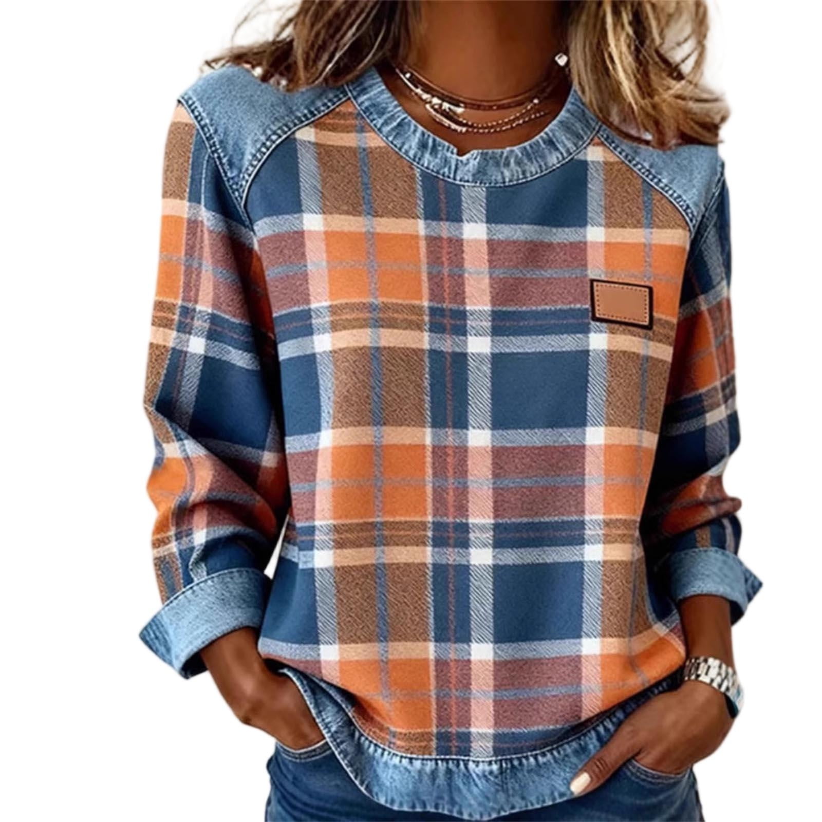 Daiosportswear Women's checkered Denim patchwork round neck loose fit ...