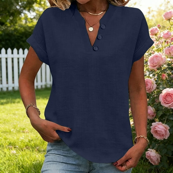 Daiosportswear Womens Spring Tops Short Sleeve Shirts Henley Dressy ...