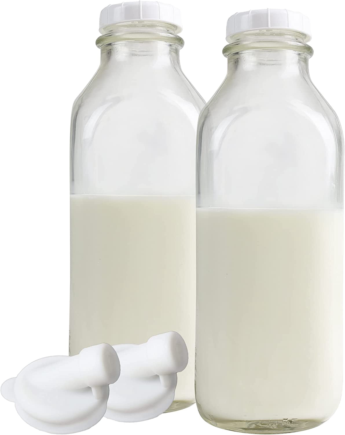The Dairy Shoppe Heavy Glass Milk Bottles - Jugs with Extra Lids and a ...