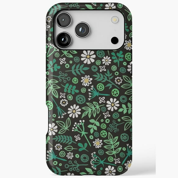 Daisies And Leaves Pattern Dark Gray iPhone Case 11 to 17 Pro Max ...