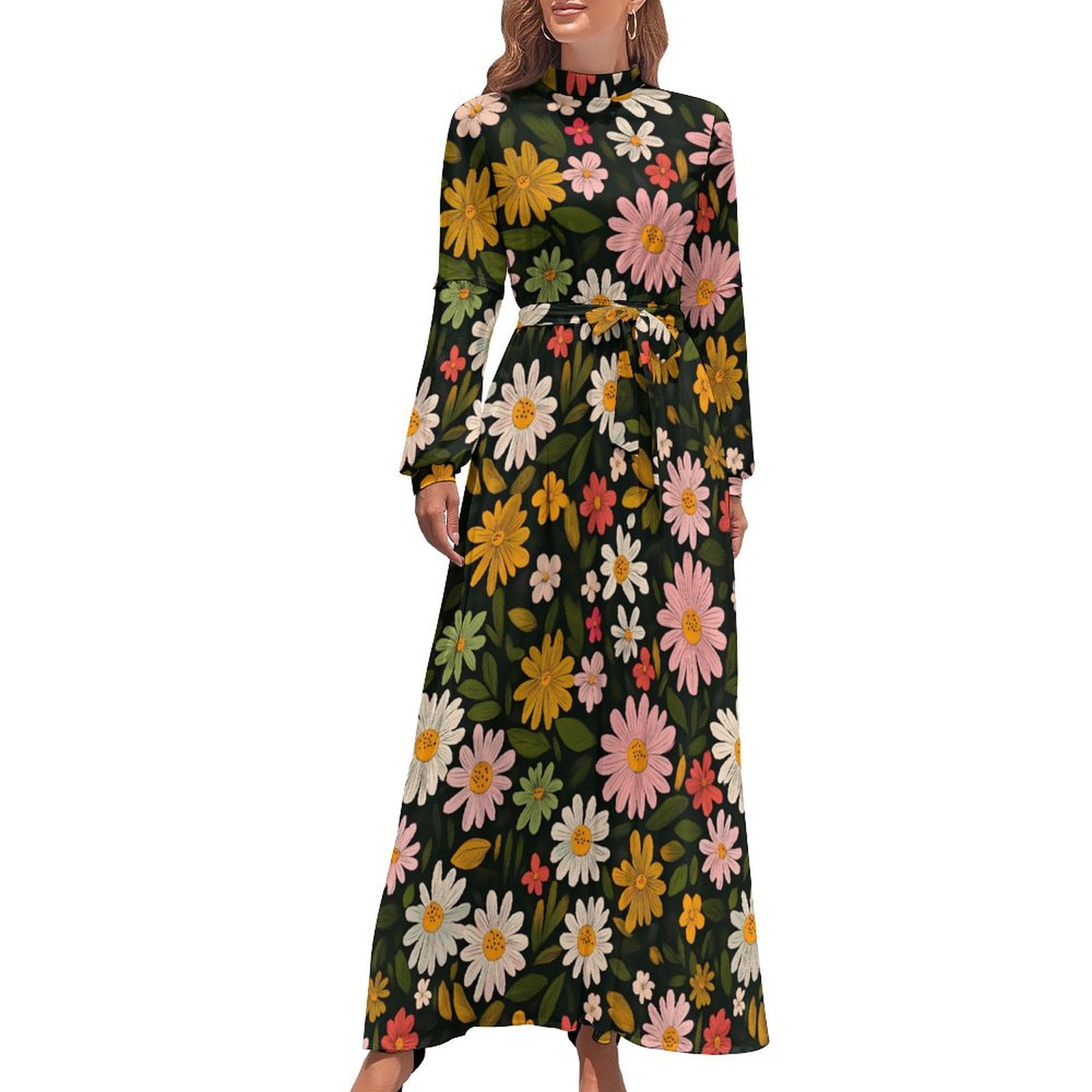 Daisies And Leaves Women's Fall Maxi Dress Long Sleeve Turtleneck Flowy ...