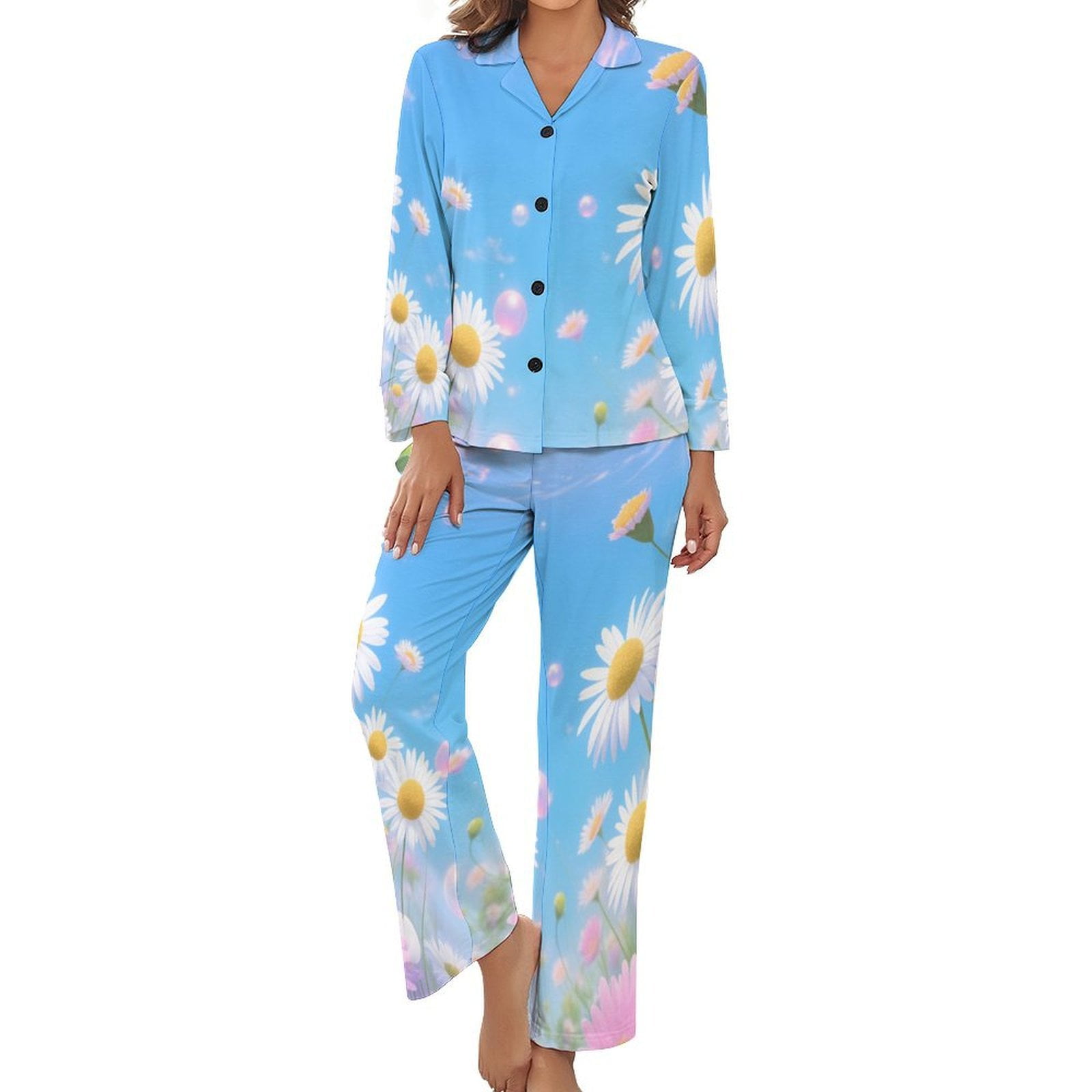 Daisies And Pink Flowers Under Blue Sky-2 Pajamas Woman Vintage Pajamas ...