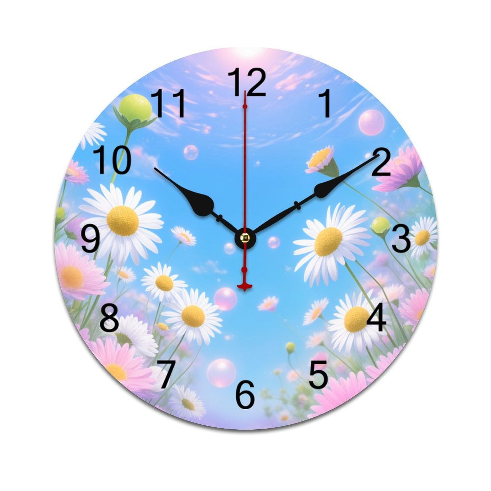 Daisies And Pink Flowers Under Blue Sky-2 Printed Silent Wall Clock ...