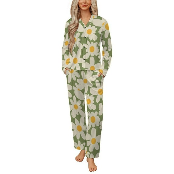 Daisies Blooming Green Background Womens Pyjamas Set Button Up Pyjamas ...