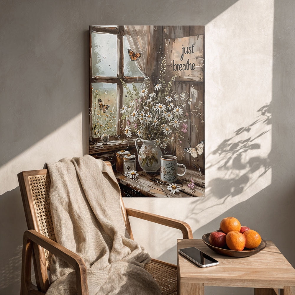 “Daisies & Butterflies on Rustic Windowsill (Calm Tone)” Cozy Canvas ...