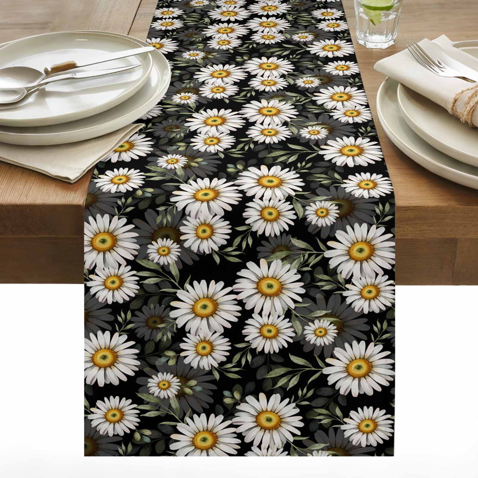 Daisies Flowers Cotton Linen Table Runner Idyllic Leaves Black ...