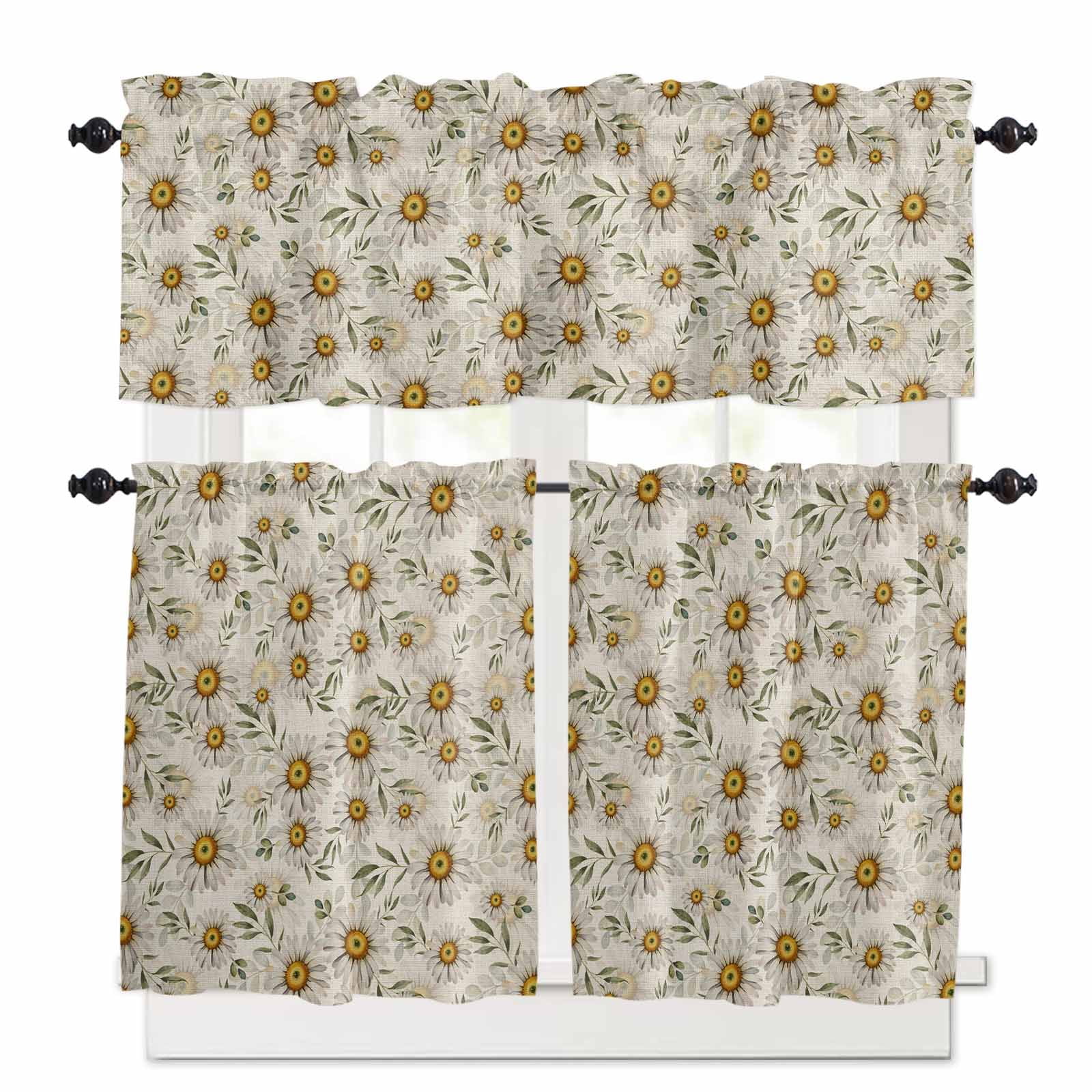 Daisies Flowers Kitchen Curtains Valances and Tiers Set of 3 Spring ...