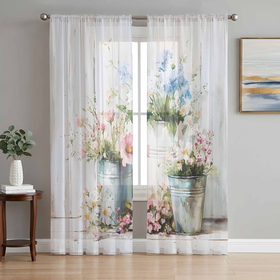 Daisies Flowers Sheer Curtains 72 Inch Length 2 Panels Set, Pink Blue ...