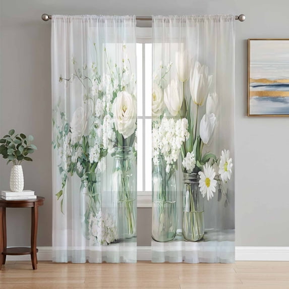 Daisies Flowers Sheer Curtains 72 Inch Length 2 Panels Set, Vintage ...