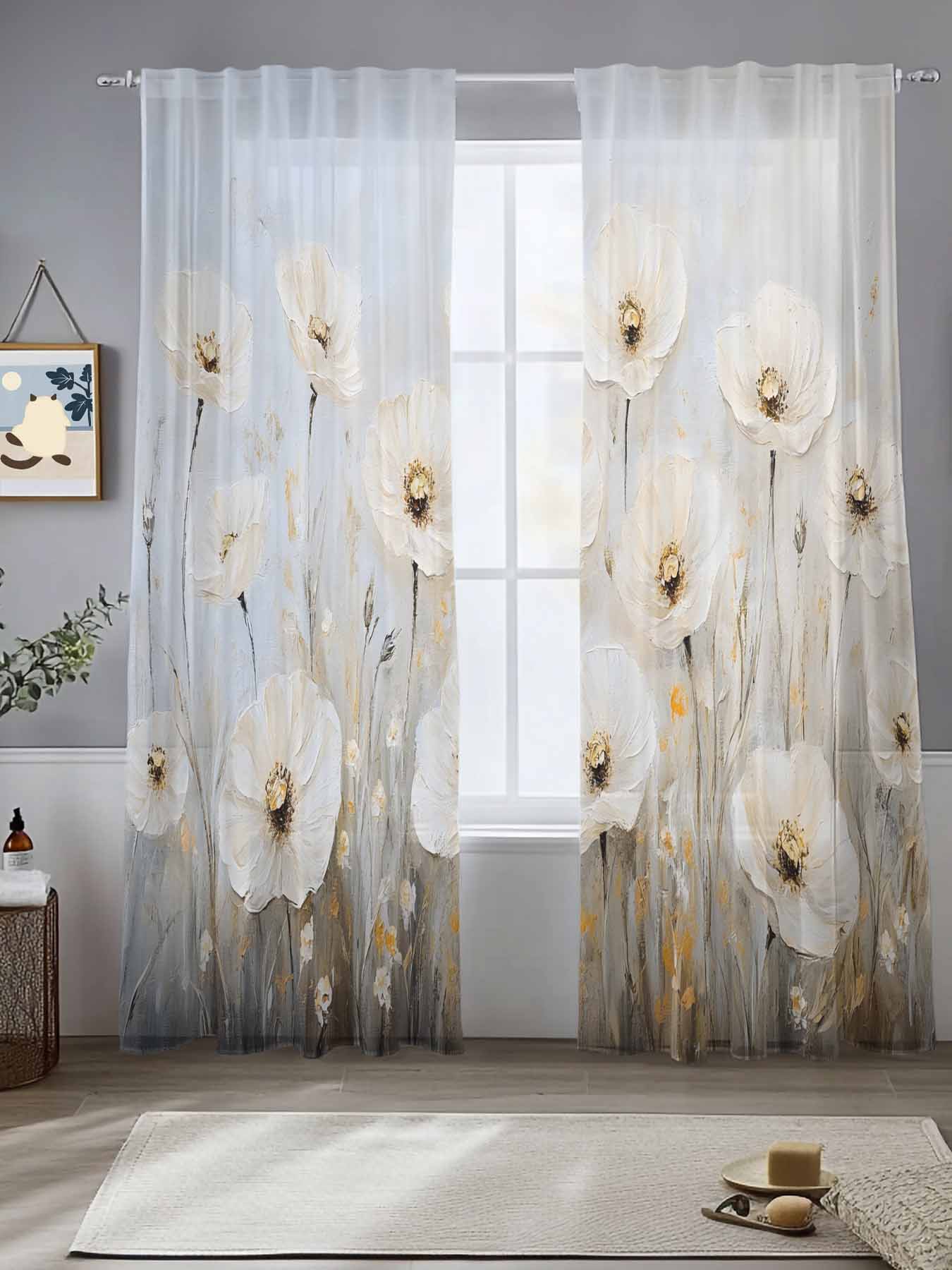 Daisies Flowers Sheer Curtains for Living Room Bedroom Modern Smear Art ...