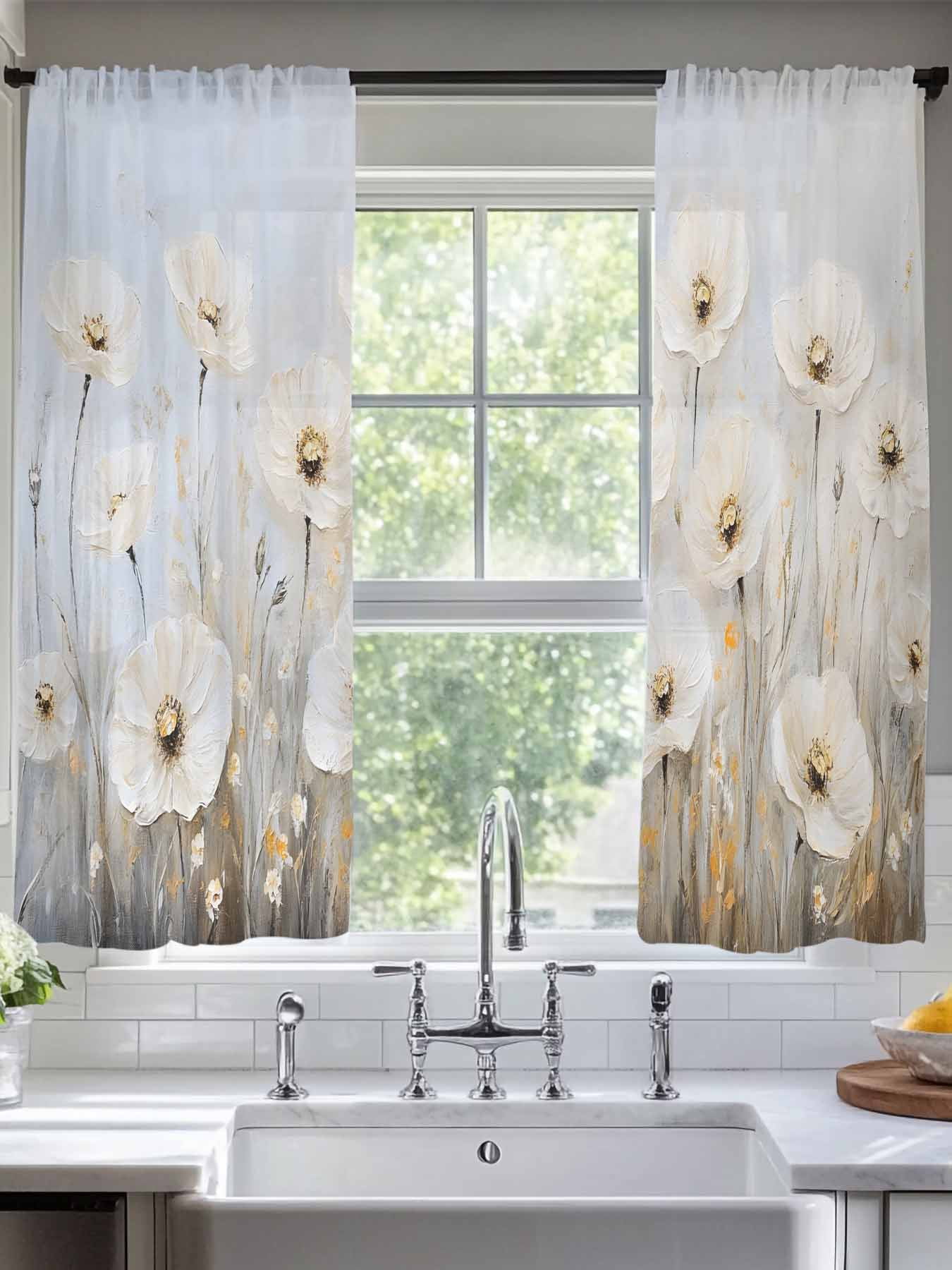 Daisies Flowers Sheer Curtains for Living Room Bedroom Modern Smear Art ...