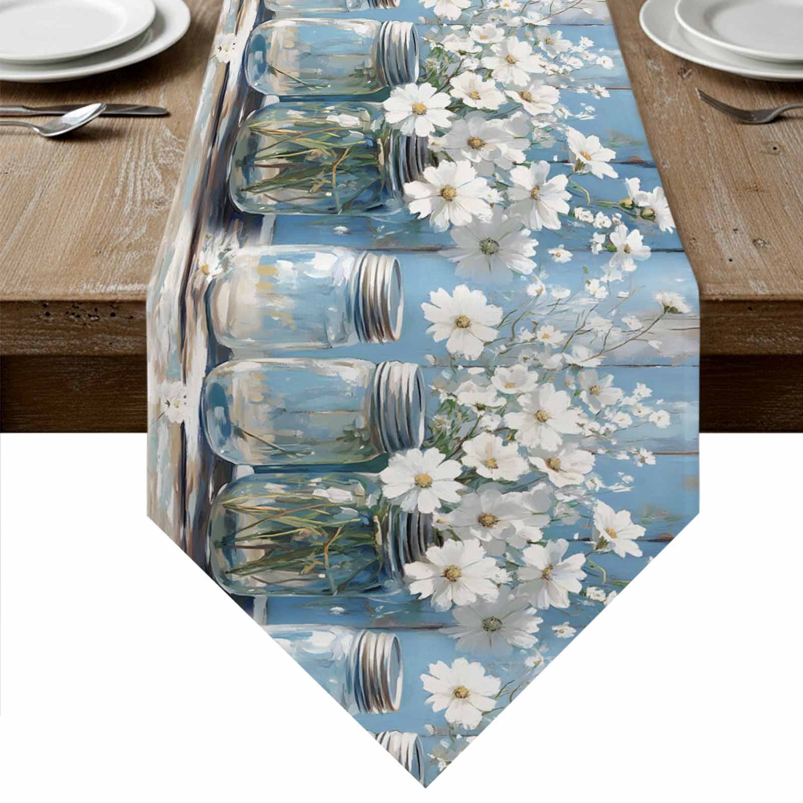 Daisies Flowers Table Runner Linen Burlap Table Runner 70 Inches Long ...