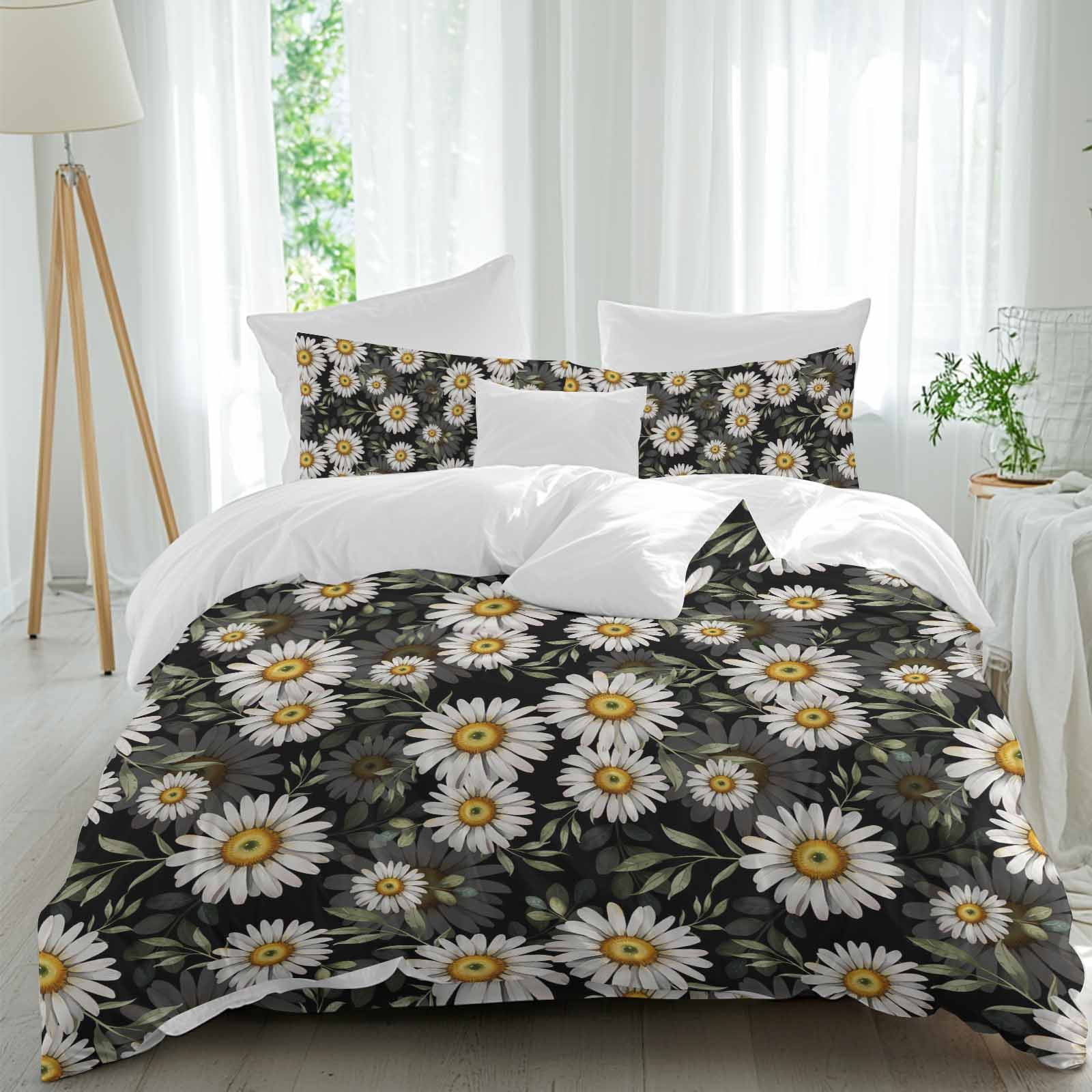 Daisies Flowers Twin Duvet Cover Set, Idyllic Leaves Black Background 4 ...