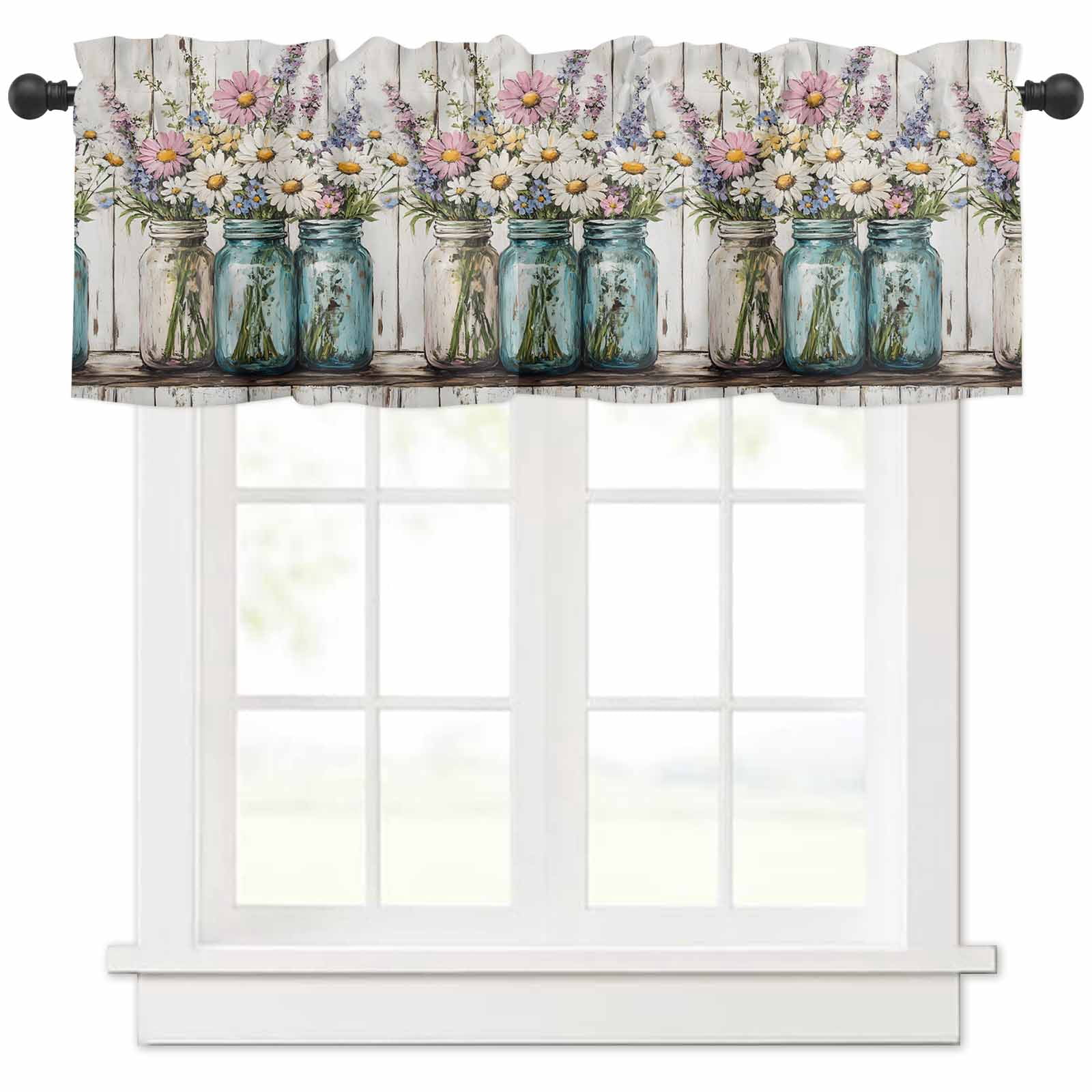 Daisies Flowers Valances for Windows Farmhouse Kitchen Curtains ...