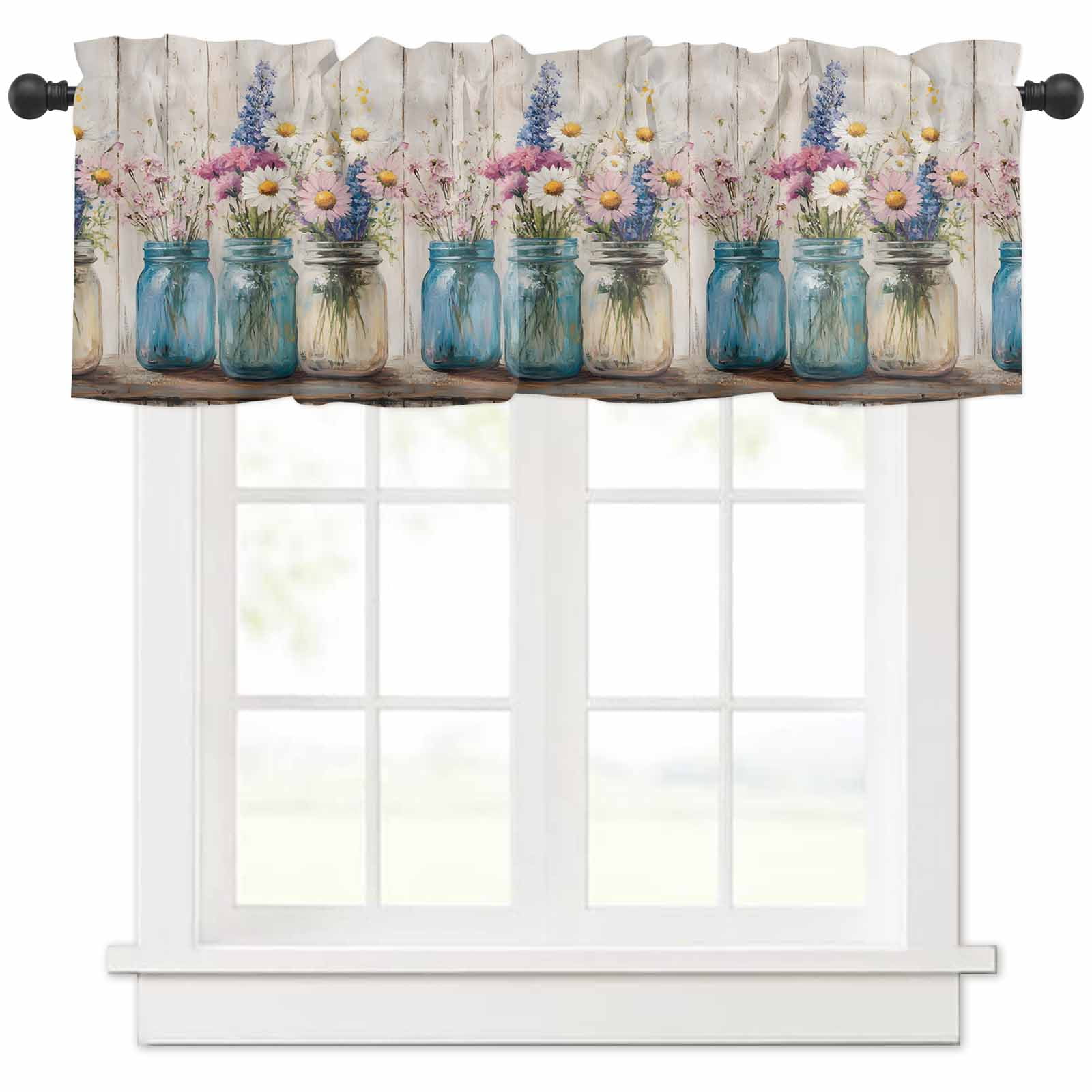 Daisies Flowers Valances for Windows Farmhouse Kitchen Curtains ...