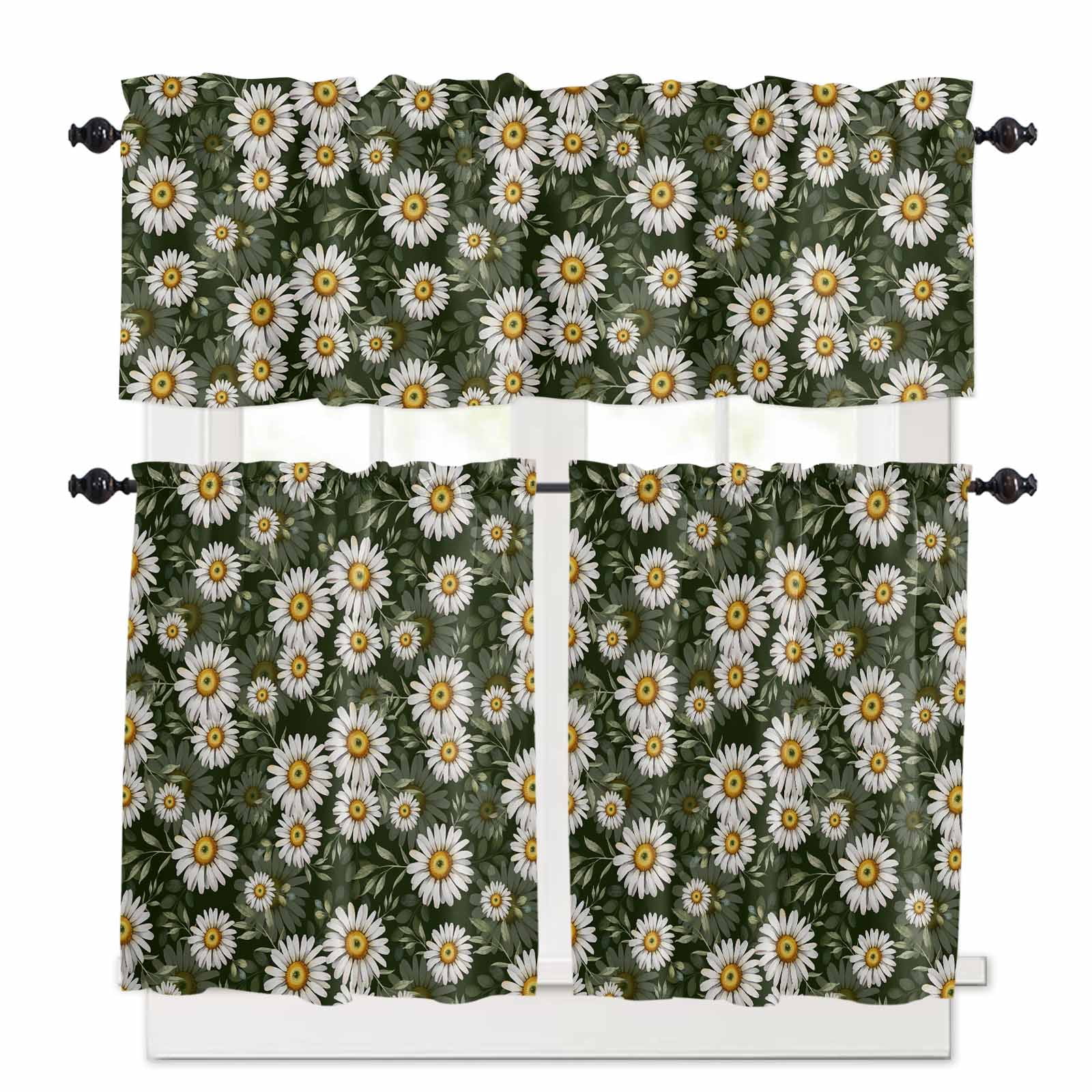 Daisies Flowers Window Curtains Valance Set of 3 Idyllic Leaves Green ...
