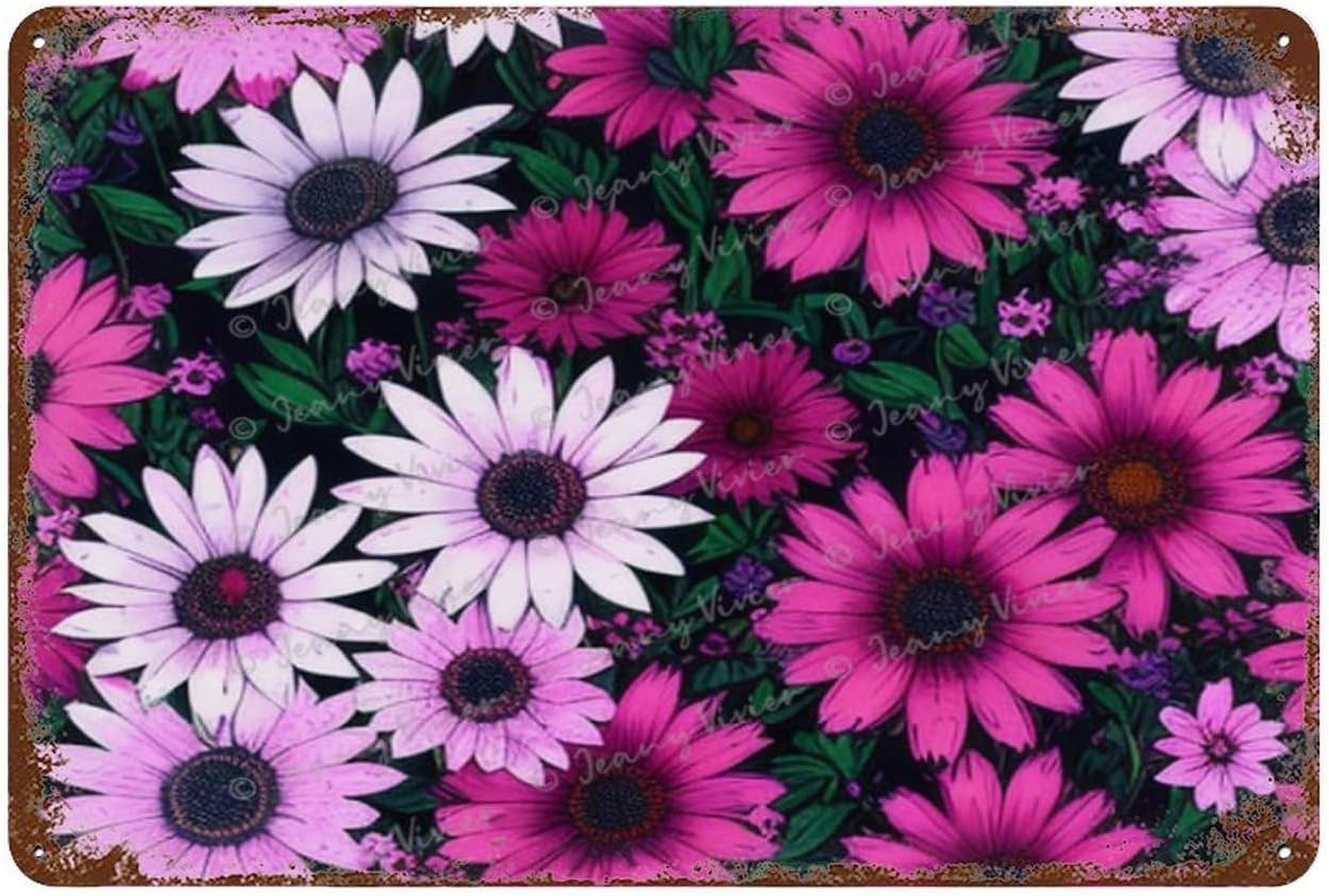 Daisies Metal Tin Sign Beautiful Botanical Pink Daisy Flowers ...