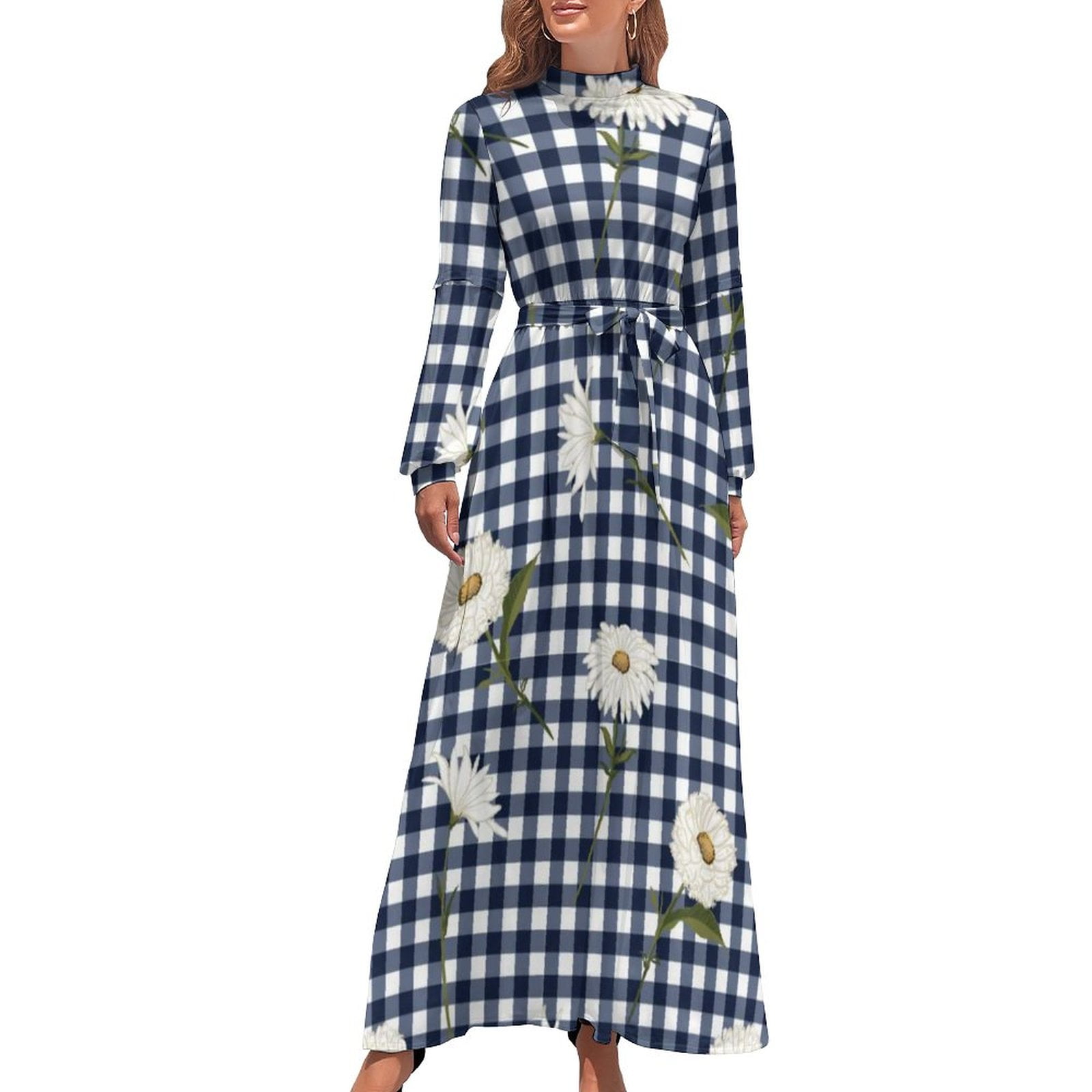 Daisies White Blue Dress High Waist Abstract Flowers Design Print ...