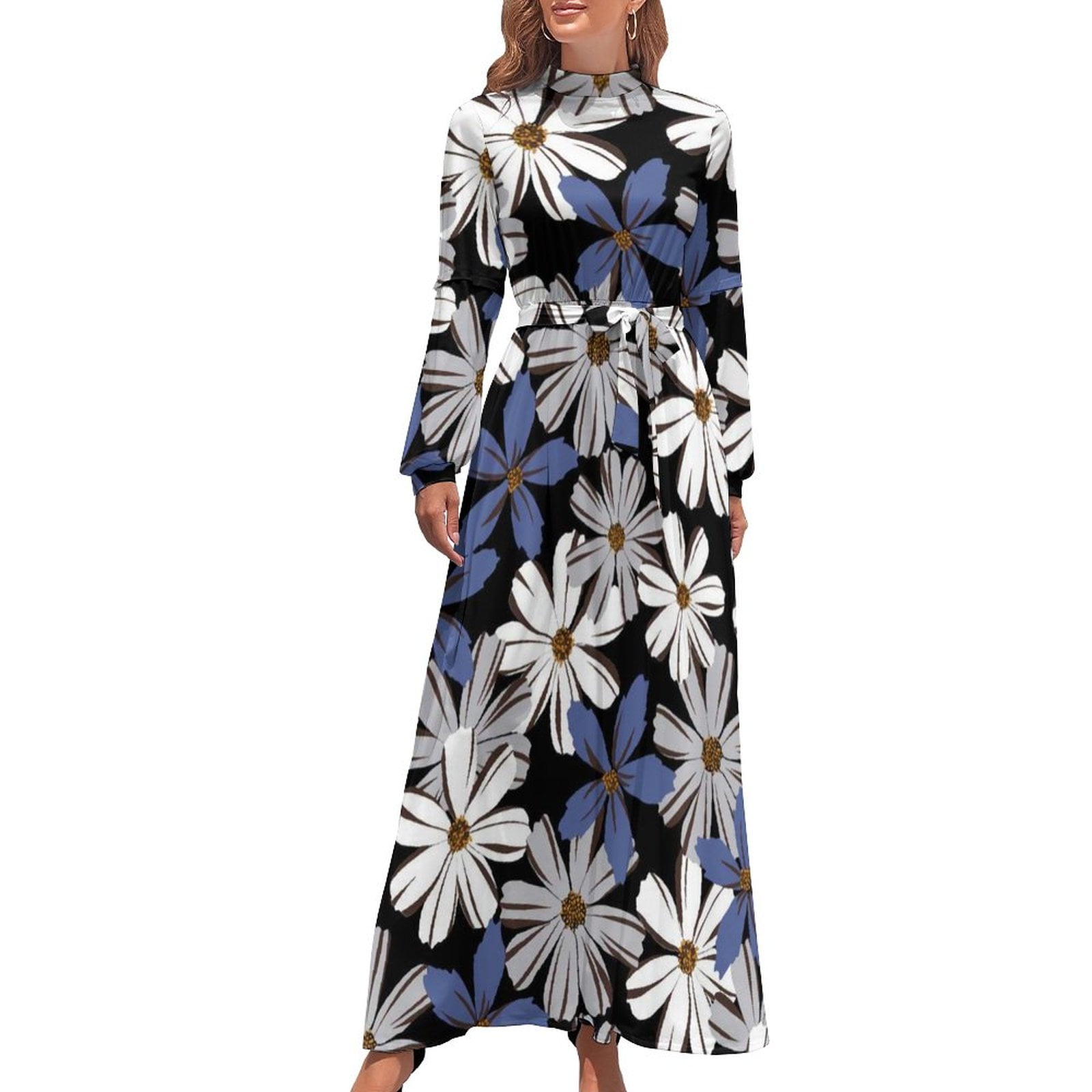 Daisies White Blue Dress High Waist Abstract Flowers Design Print ...