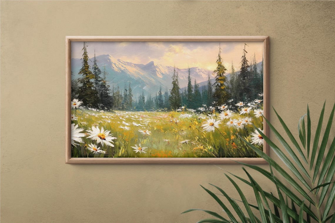 Daisies Wildflower Field Vintage Print Landscape Painting Rustic ...