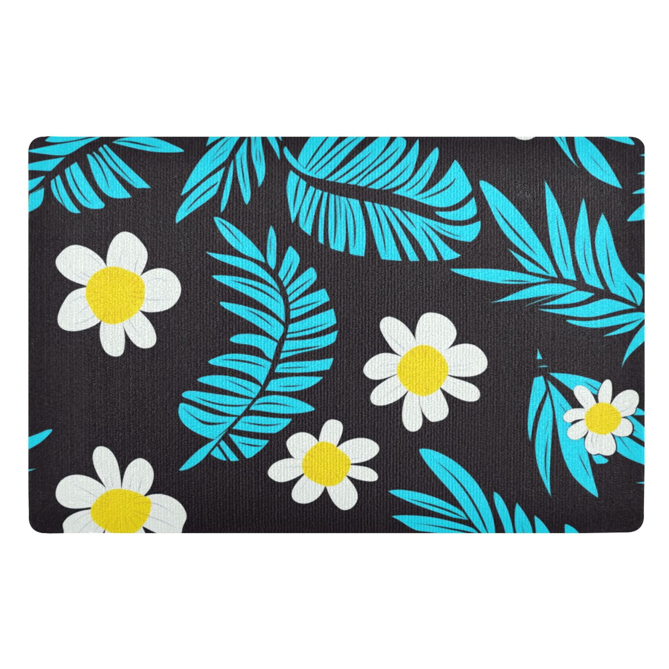Daisies and Leaves on Black Floor Door Mat Outdoor Indoor for Home ...