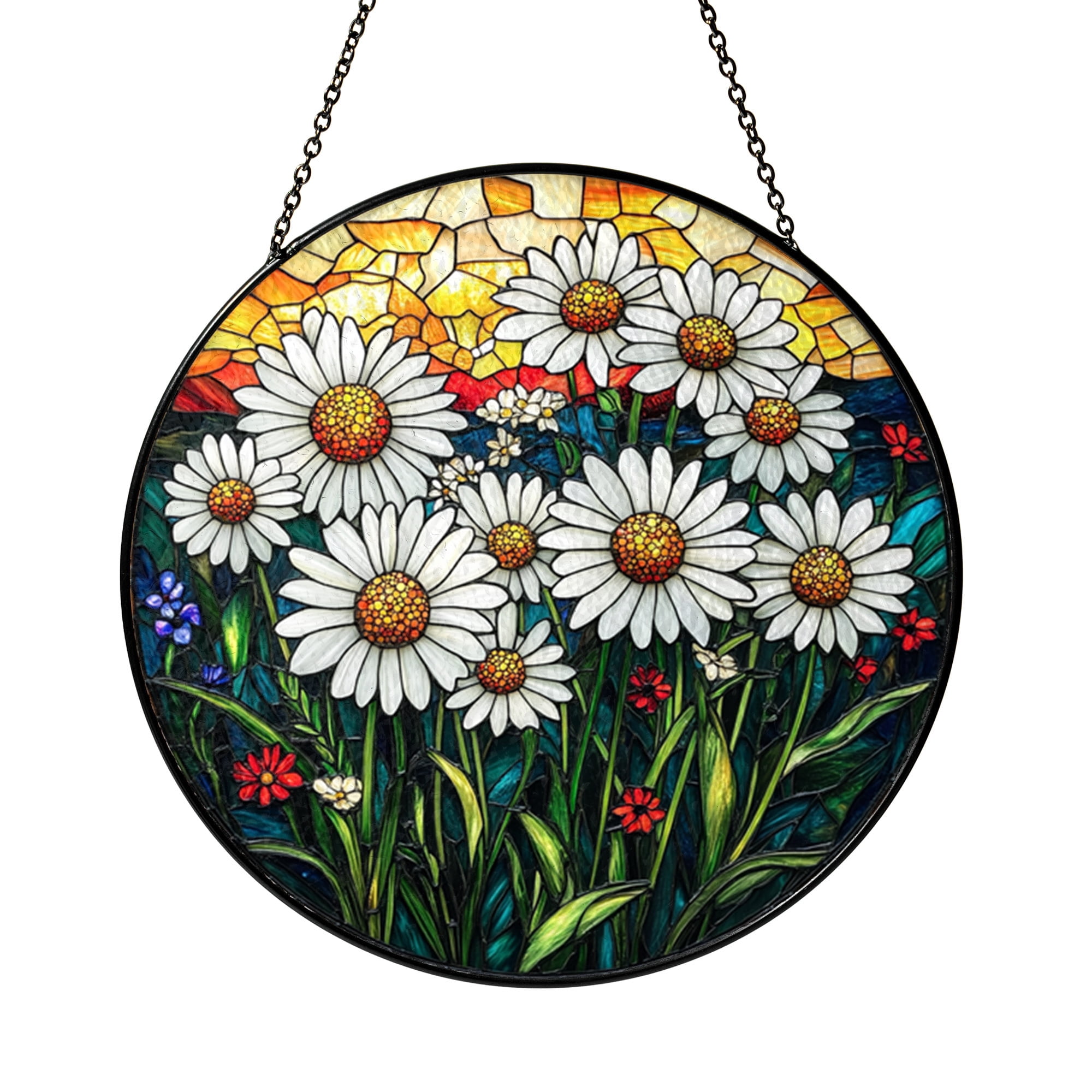 Daisies and Red Poppies Stained Glass Suncatcher, Floral Window Hanging ...