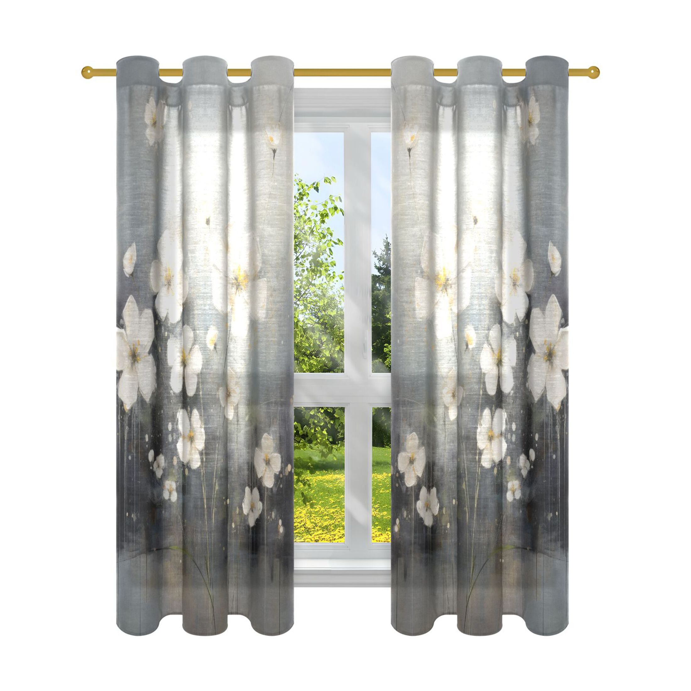 Daisies on Gray Background Semi Sheer Curtains for Living Room Bedroom ...