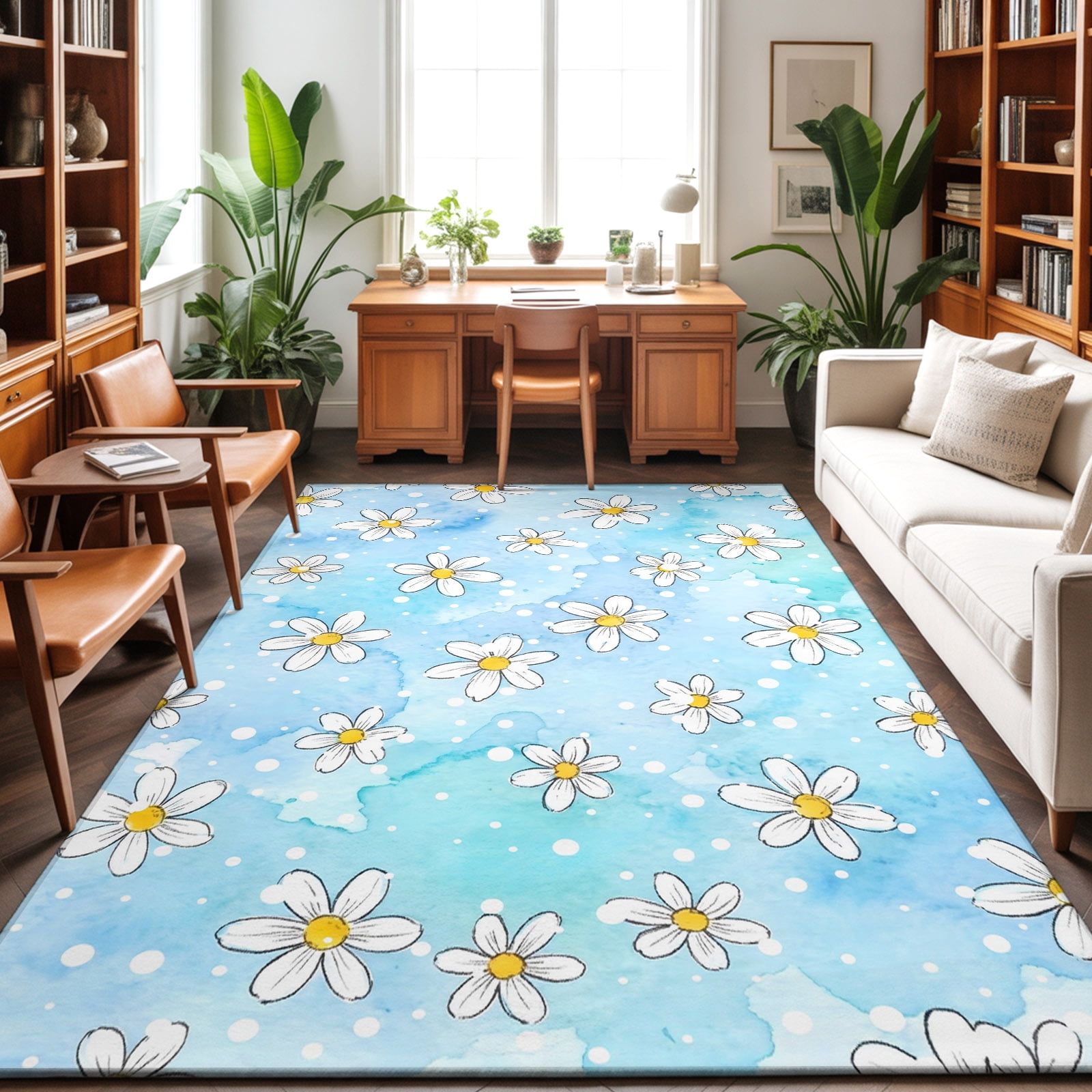 Daisy 2.7'x5' Rug for Office Desk Chair Area Small Bedroom, Floral Blue ...