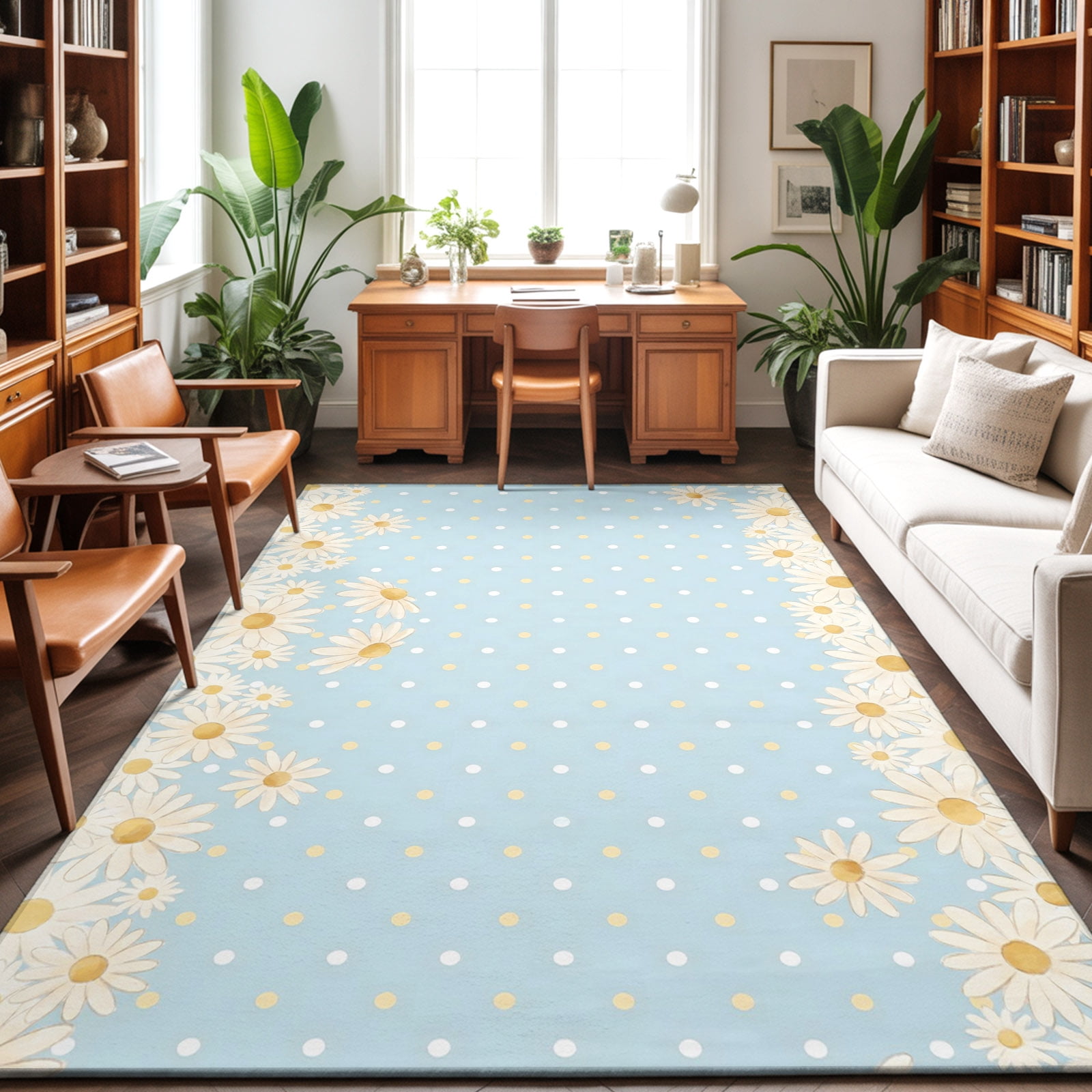 Daisy 5'x8' Rug for Bedroom Under Queen Bed Placement, Polka Dots Blue ...