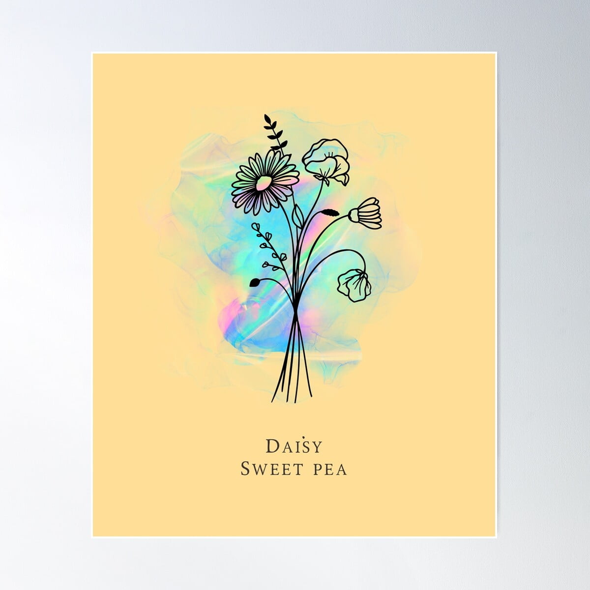 Daisy And Sweet Pea Line Art On Holo Pastels Poster Wall Art, Modern ...