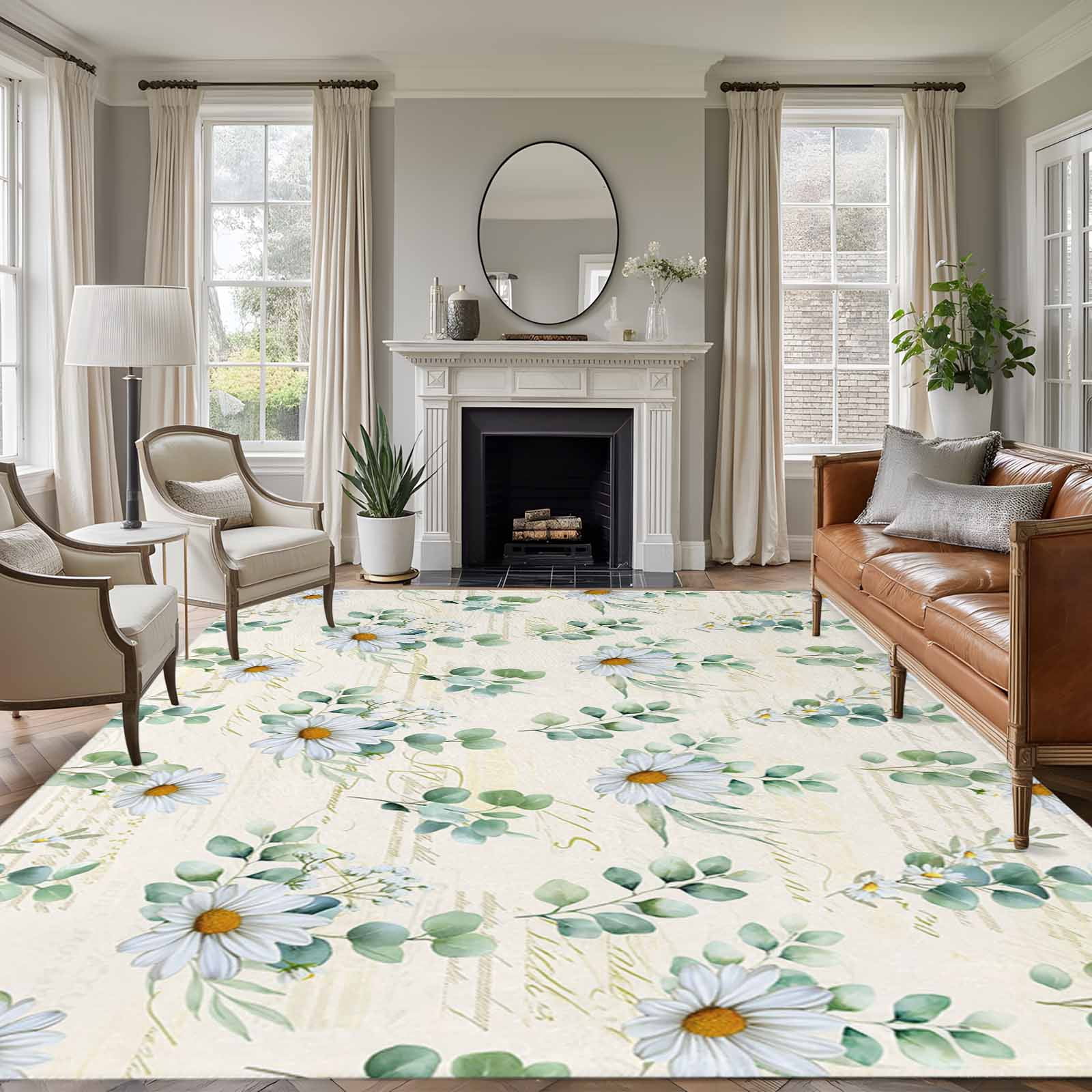 Daisy Area Rug 5x7 Washable Rug Non Slip Spring Floral Eucalyptus ...