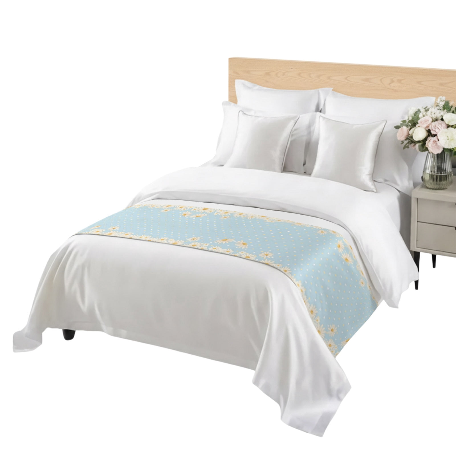 Daisy Bed Runner Queen Size Polka Dots Blue Background Summer Floral ...