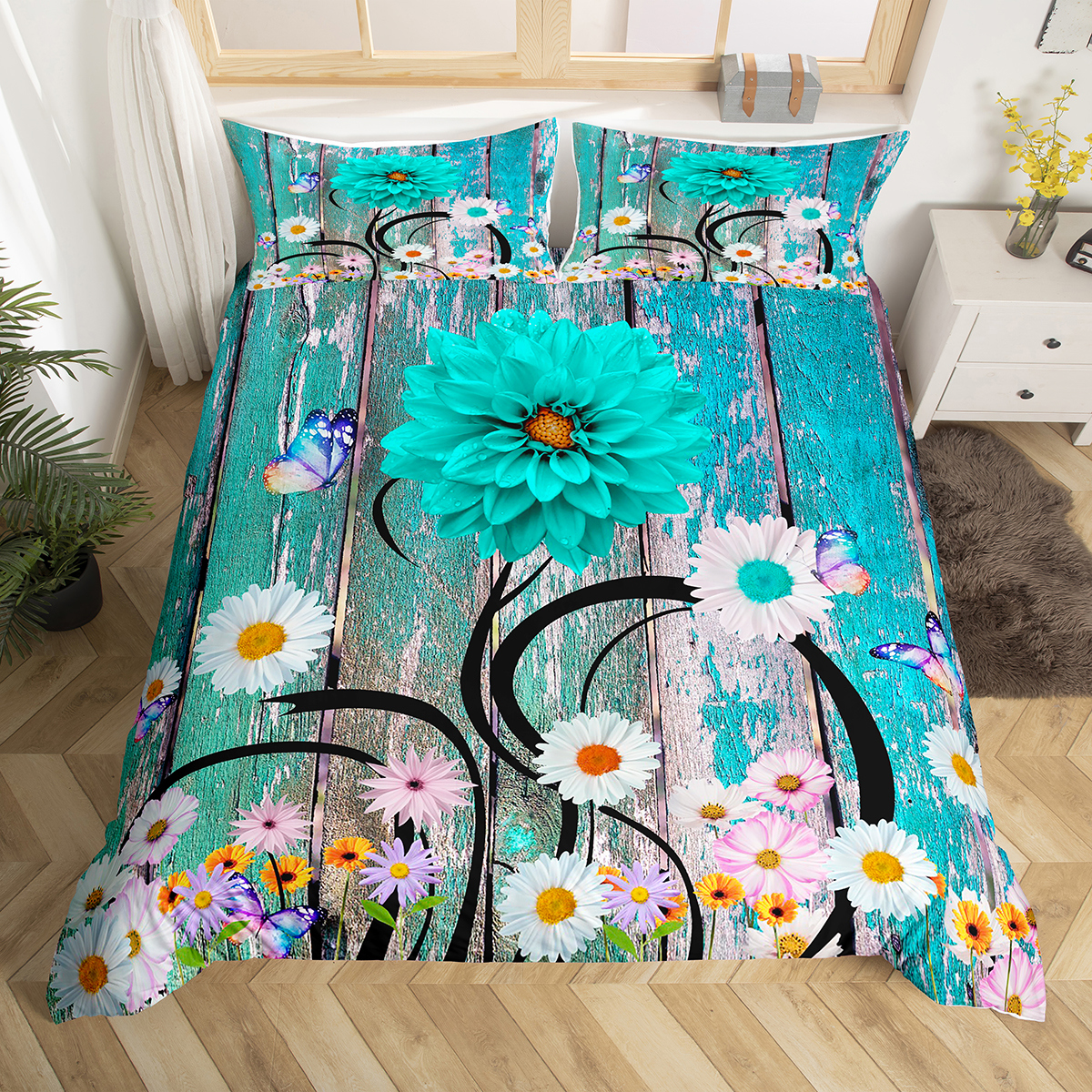 Daisy Bedding Set Butterfly Kawaii Decor,Retro Wooden Planks Teal ...
