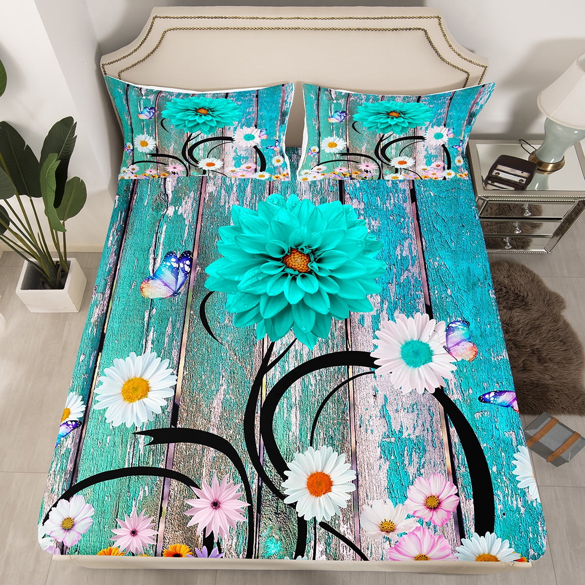 Daisy Bedding Set Butterfly Kawaii Decor,Retro Wooden Planks Teal ...