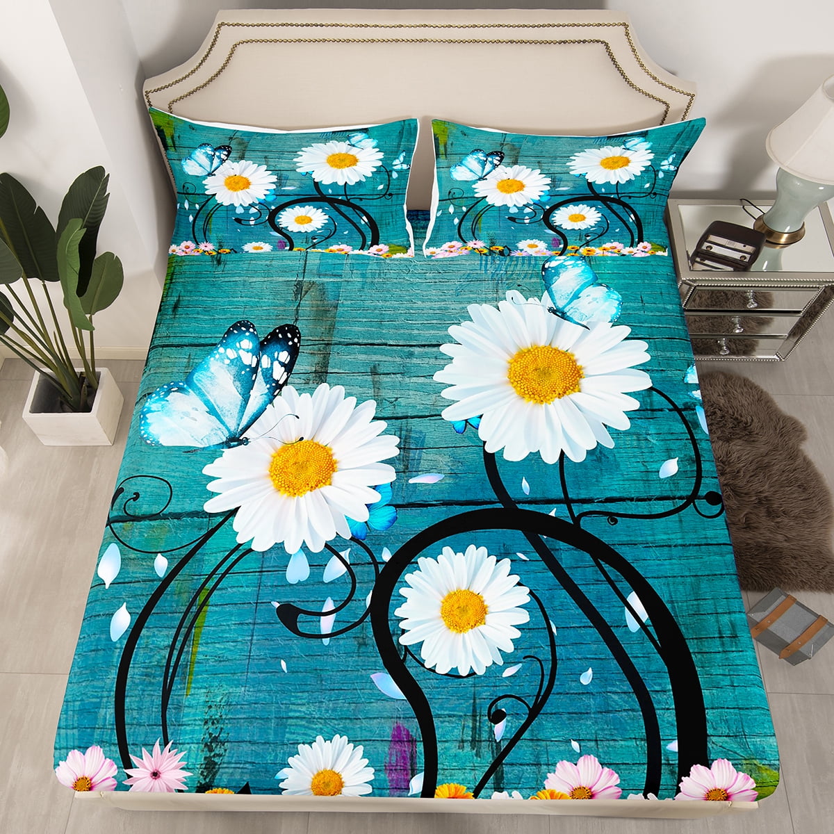 Daisy Bedding Set Teal Butterfly Kawaii Decor,Retro Wooden Planks ...