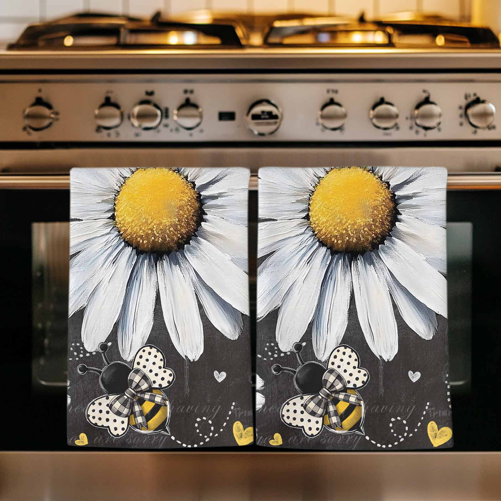 Daisy Bee Kitchen Towels Set of 3, Summer Botanical Farmhouse Flower ...