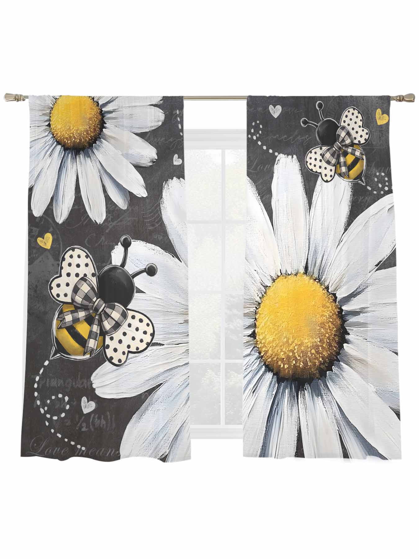 Daisy Bee Sheer Curtains 63 Inch Long 2 Panels, Farmhouse Flower ...