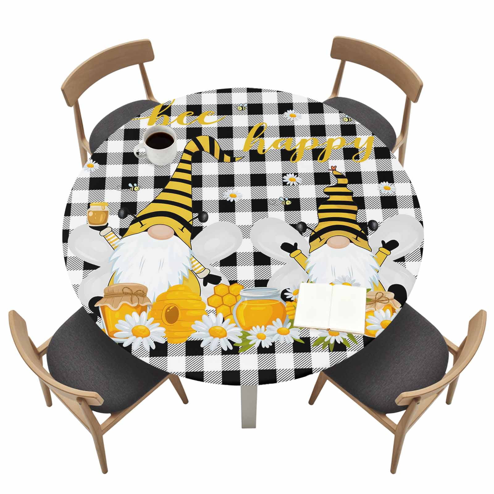 Daisy Bees Gnomes Fitted Tablecloth with Elastic Edged, Round Table ...