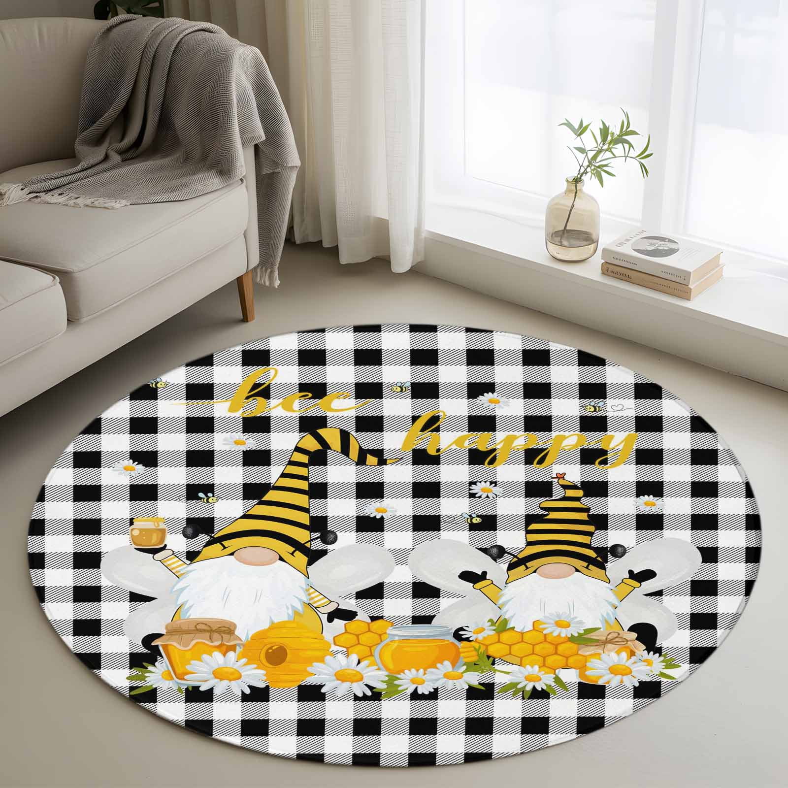 Daisy Bees Gnomes Round Rug 4ft Washable Circle Entryway Rugs Non Slip ...