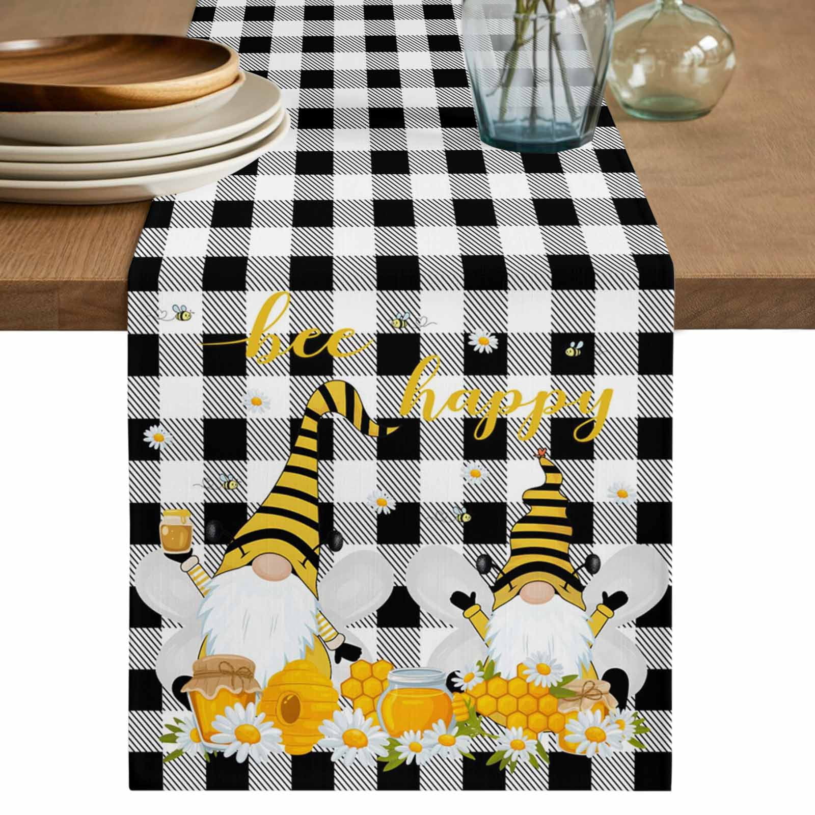 Daisy Bees Gnomes Table Runner 108 Inches, Black White Plaid Farmhouse ...
