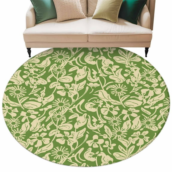 Daisy Beige Silhouette Round Area Rug 5ft Retro Classic Green Backdrop ...