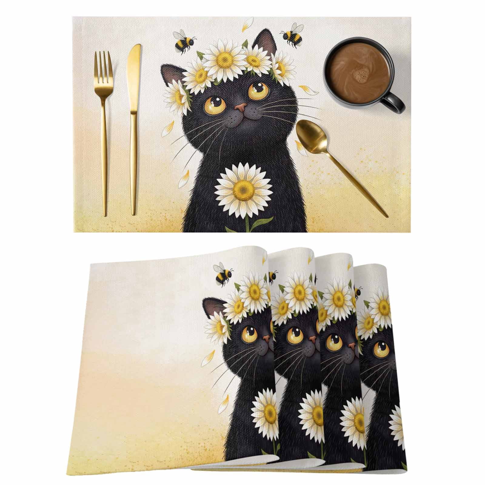 Daisy Black Cat Placemats Set of 12 Farmhouse Animals Bees Botanical ...