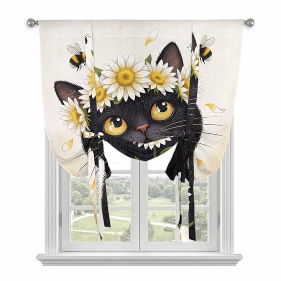Daisy Black Cat Tie Up Curtains for Window, Thermal Insulated Balloon ...