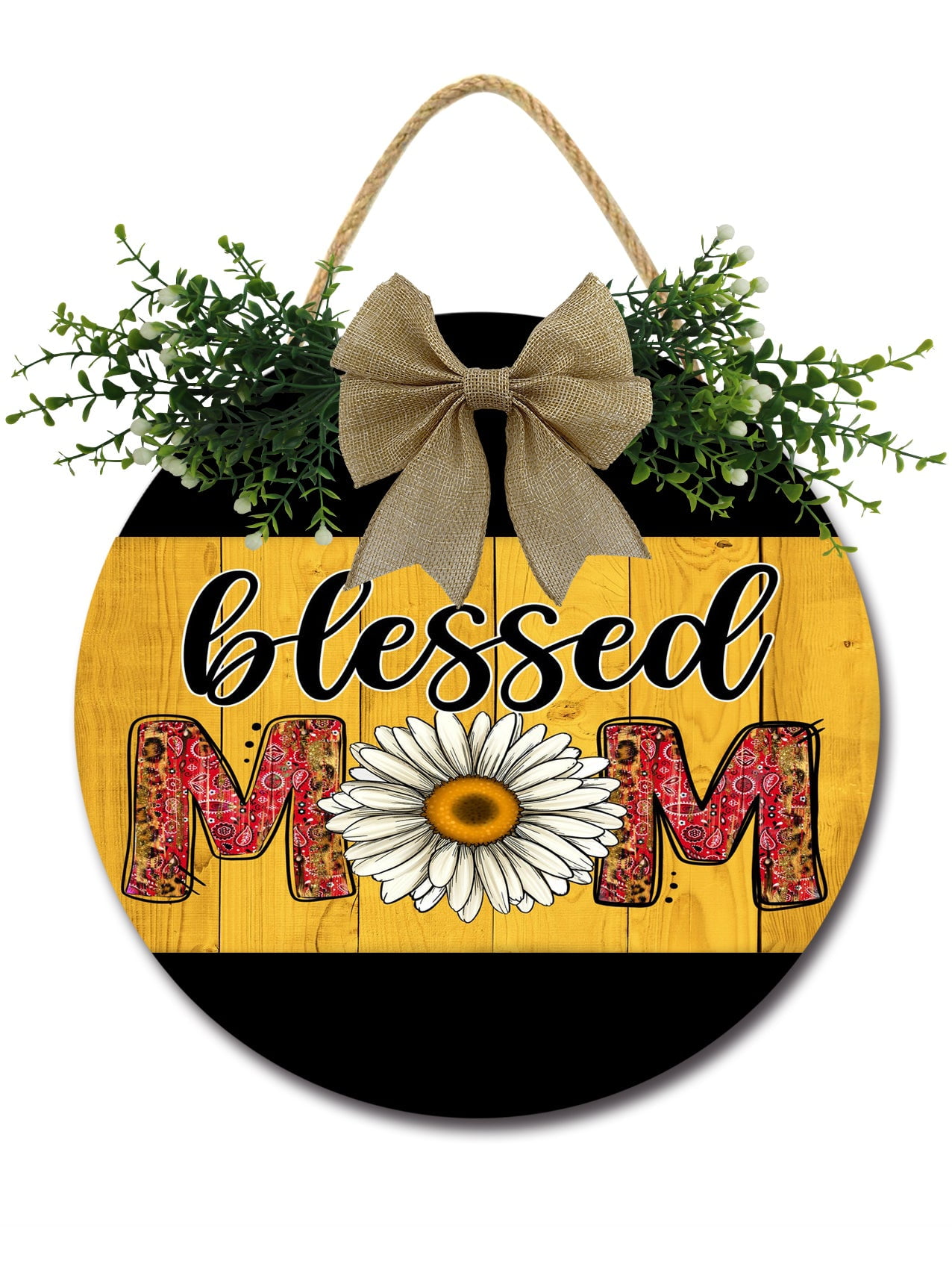 Daisy Blessed Sign Front Door Porch Decorations, Round Rustic Wood ...